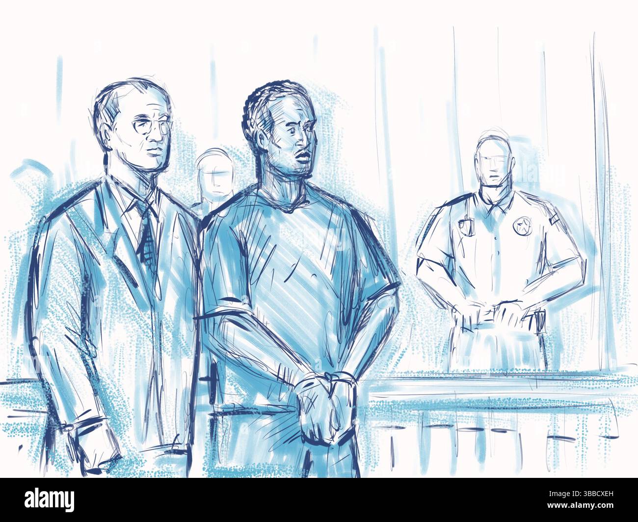 Pastel pencil pen and ink sketch illustration of a black African American convicted defendant ...