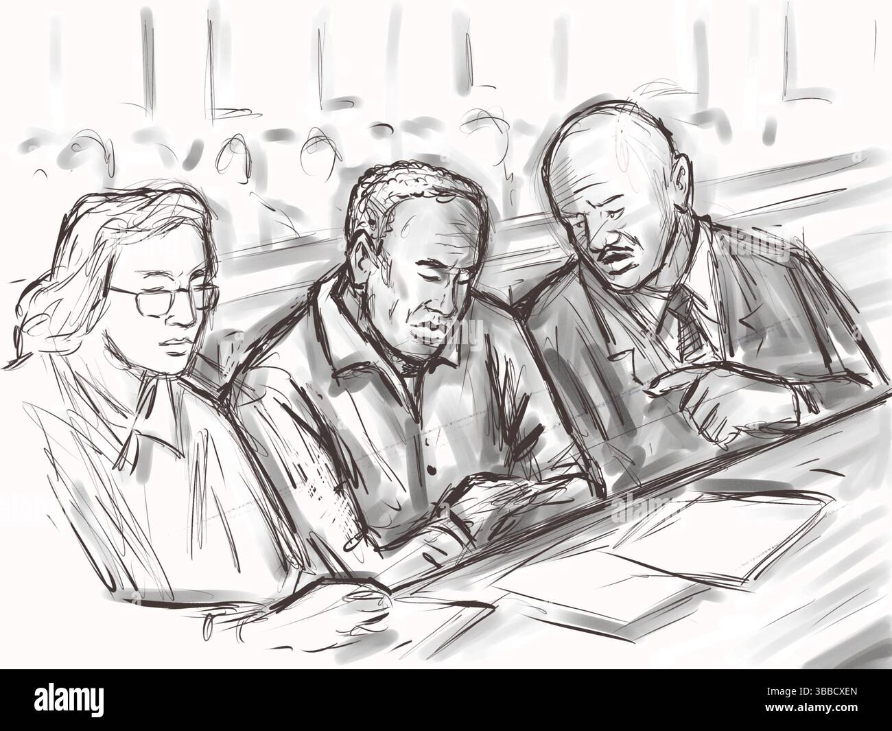 Pastel pencil pen and ink sketch illustration of a courtroom trial ...