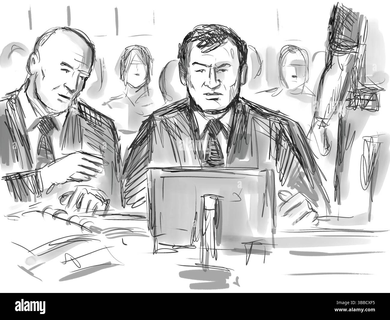 Pastel pencil pen and ink sketch illustration of a courtroom trial ...