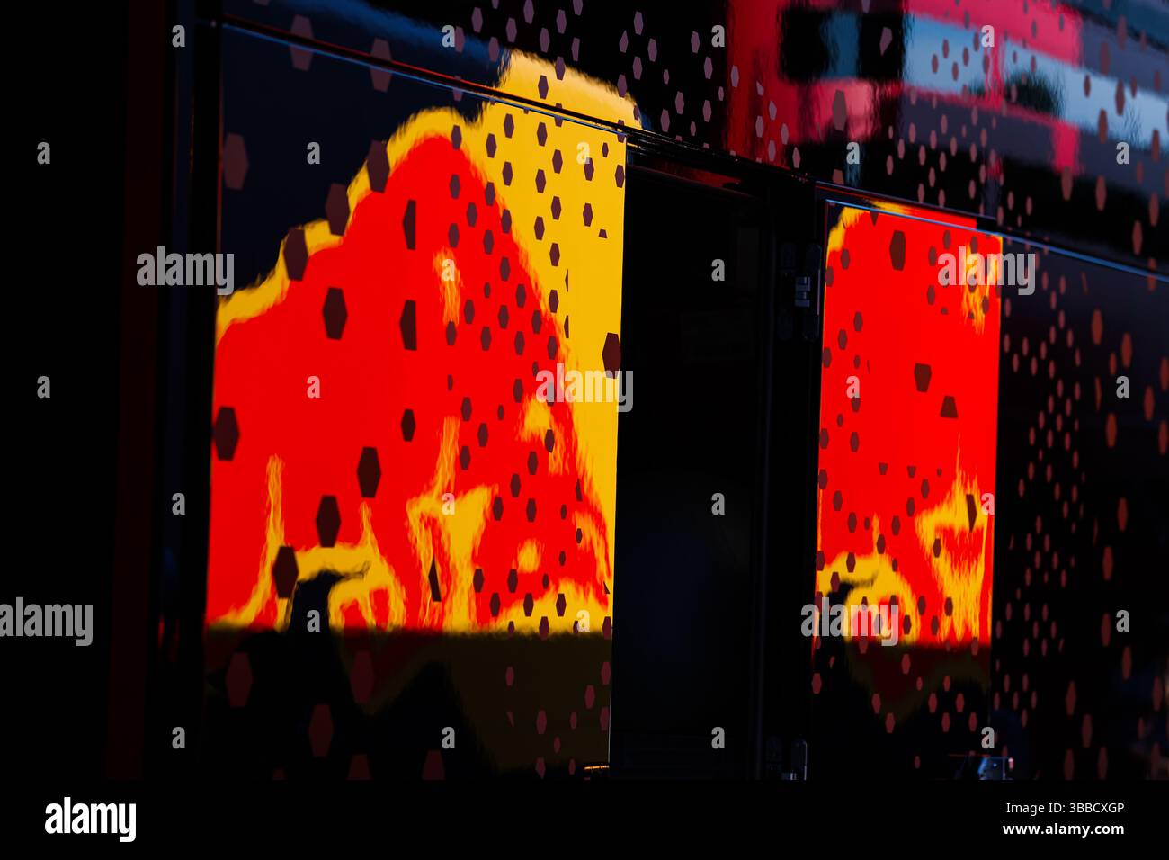 Imola, Italie. 15th May, 2025. Red Bull Racing logo reflection in the ...
