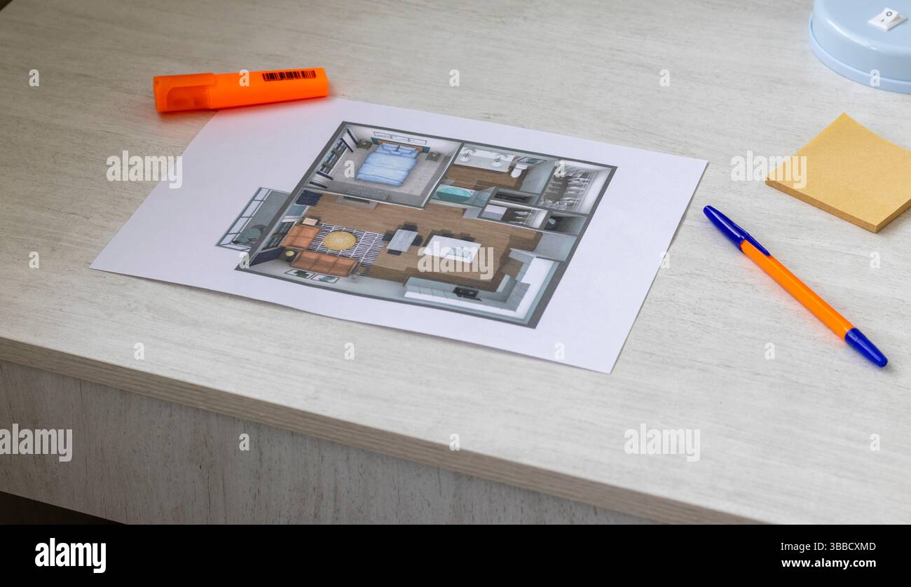 Layout of the small, furnished apartment printed on the sheet of paper ...