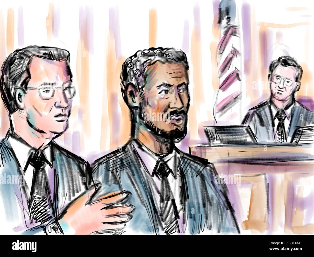 Pastel pencil pen and ink sketch illustration of a courtroom trial ...