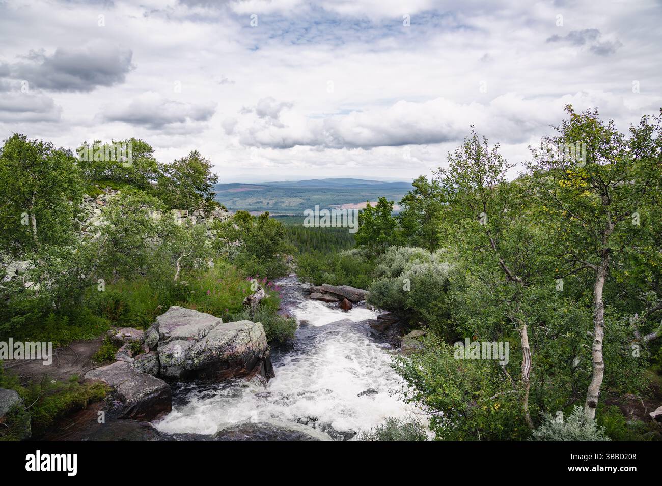 Njupån river cascades over rocks, as it flows through Fulufjället ...