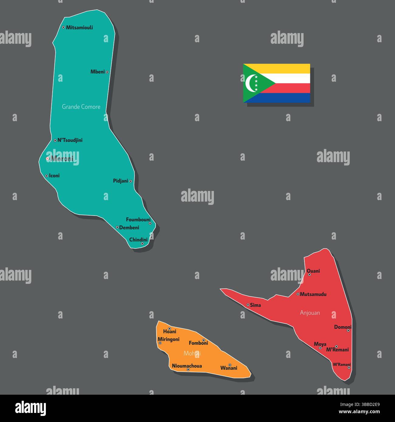 Vector map of Comoros with names of cities and with borders city Stock ...