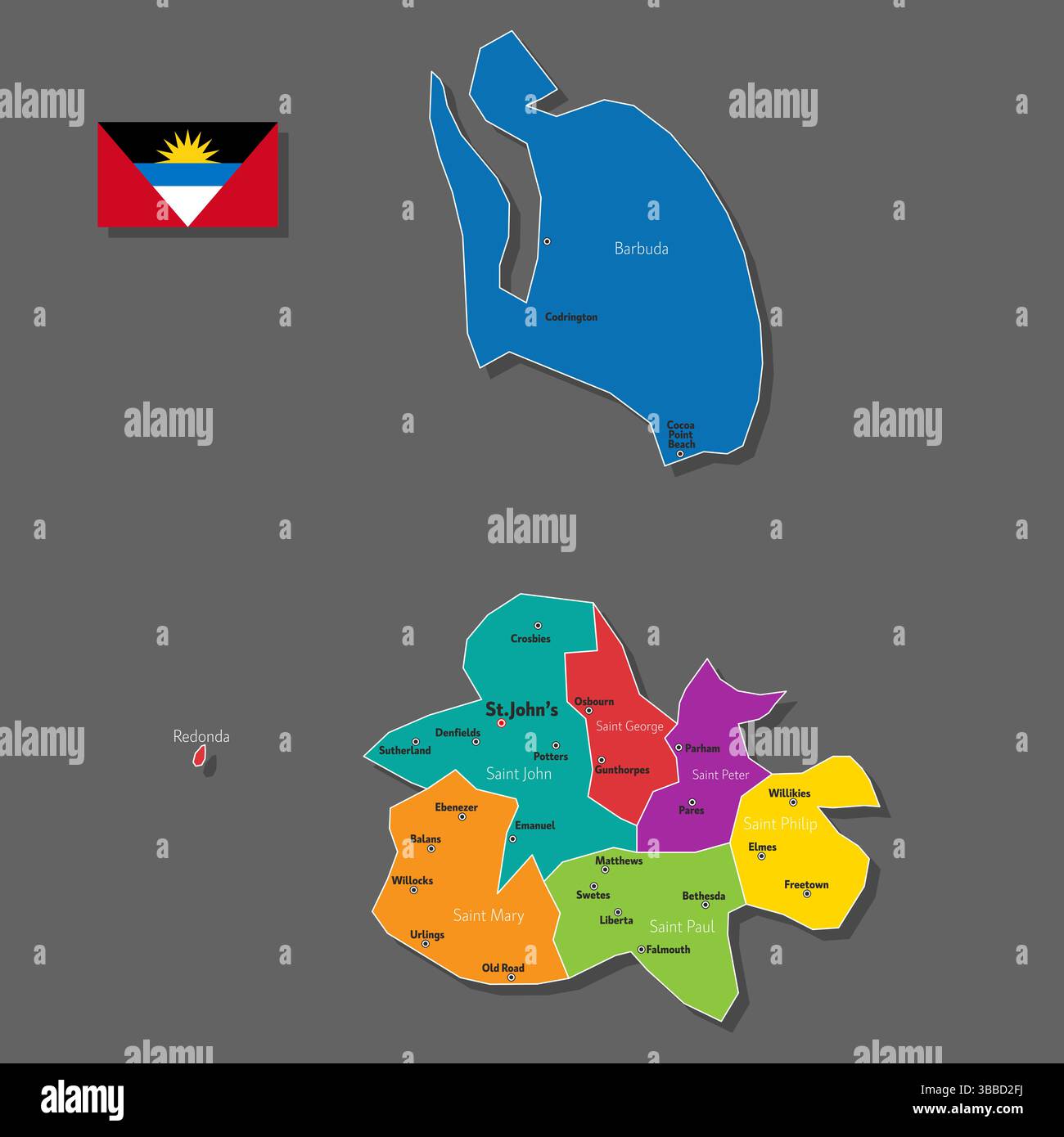Vector map of Antigua and Barbuda with names of cities and with borders ...