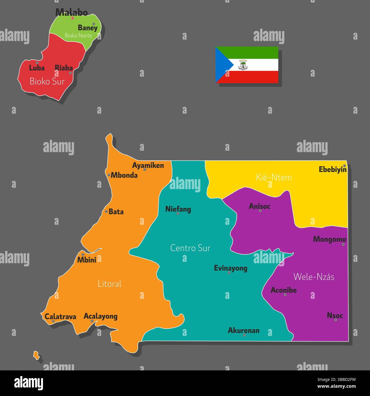 Vector map of Equatorial Guinea with names of cities and with borders city Stock Vector Image ...