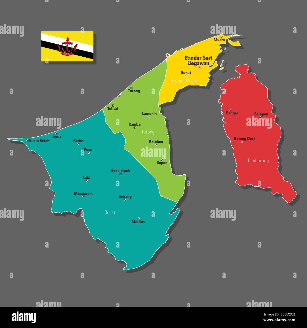 Vector map of Brunei with names of cities and with borders city Stock ...