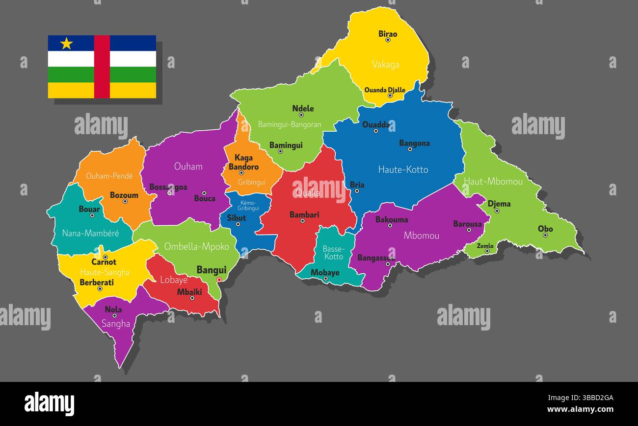 Vector map of Central African Republic with names of cities and with ...