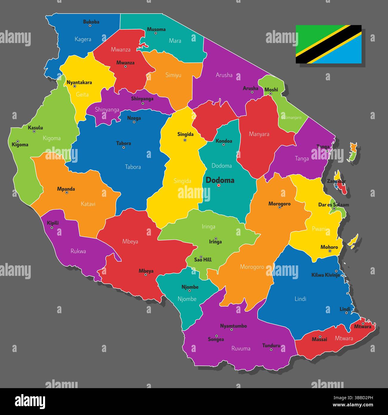 Vector map of Tanzania with names of cities and with borders city Stock ...