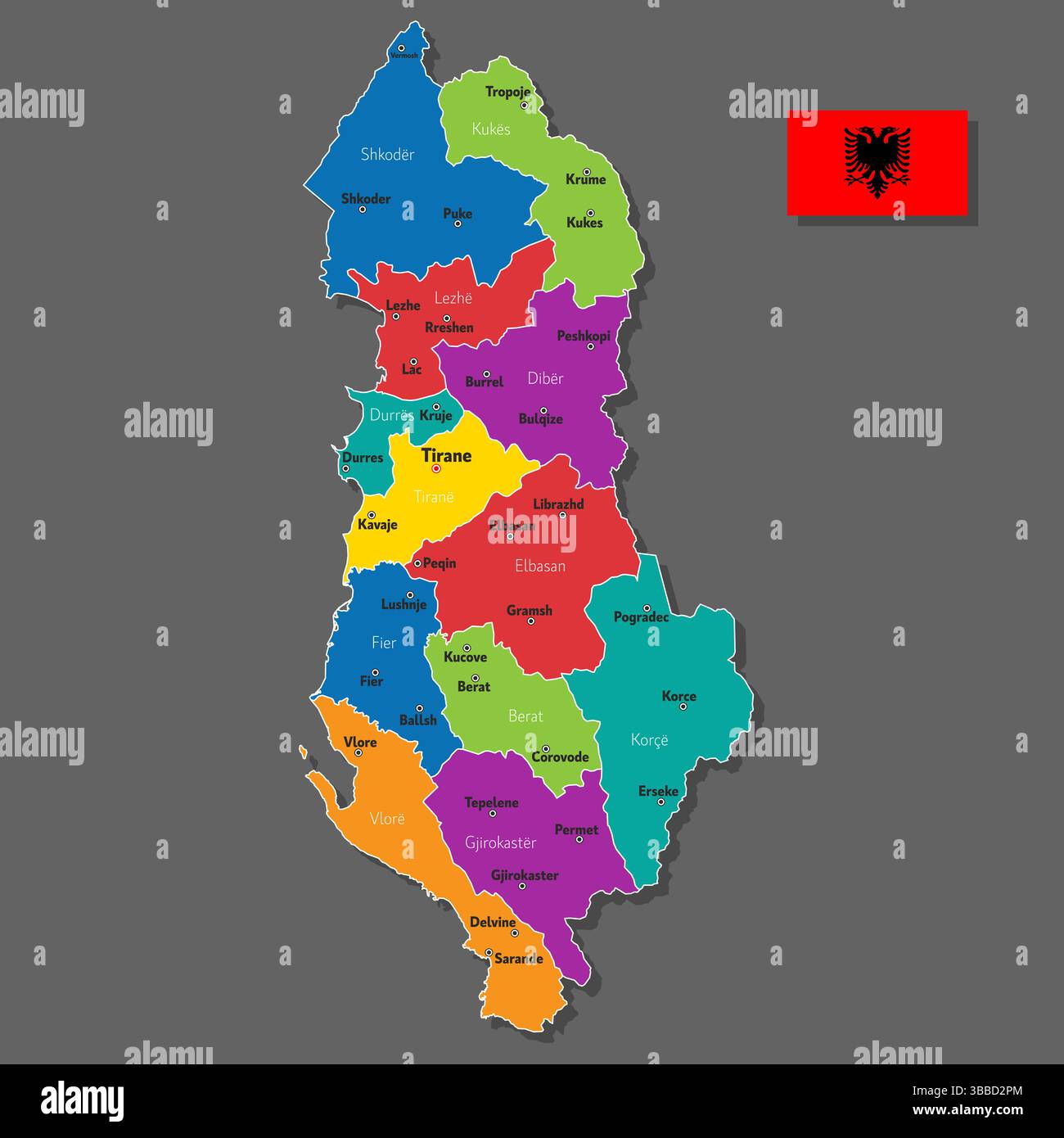 Vector map of Albania with names of cities and with borders city Stock ...