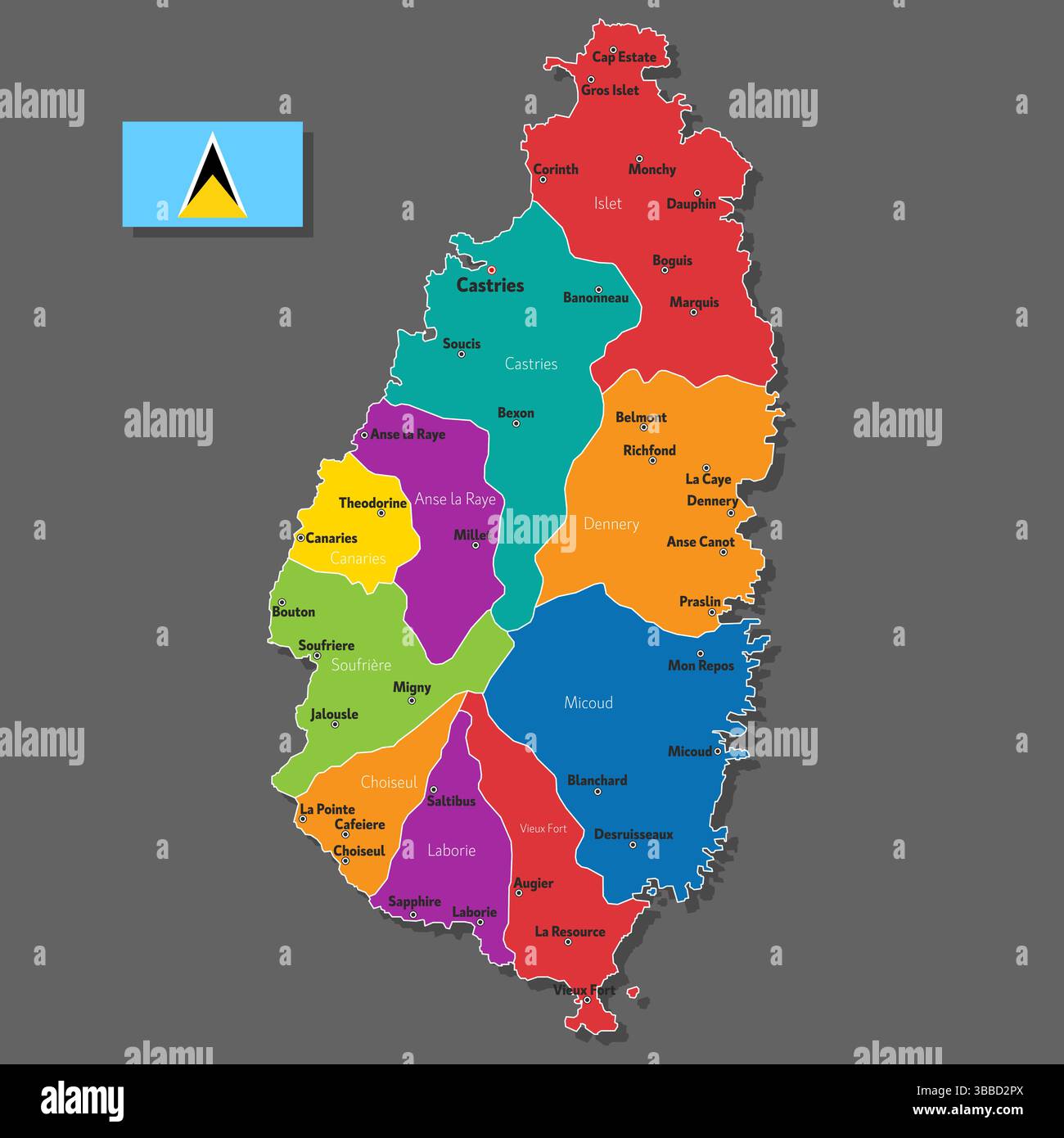 Vector map of Saint Lucia with names of cities and with borders city ...