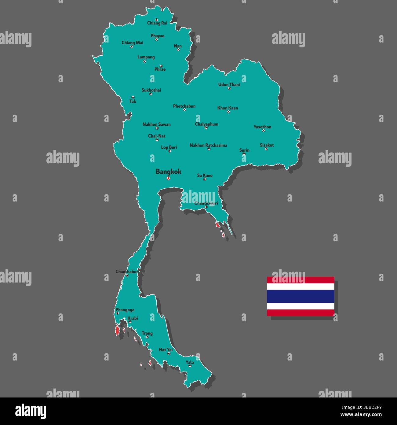 Vector map of Thailand with names of cities and with borders city Stock ...