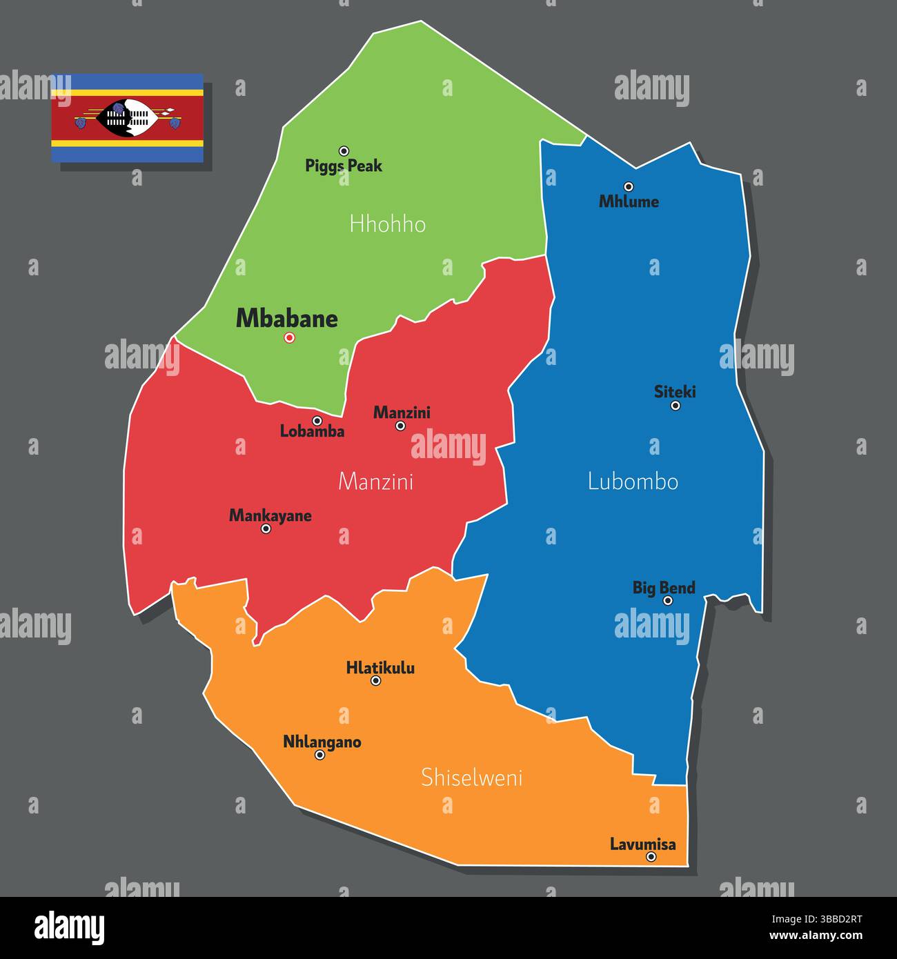 Vector map of Esvatini with names of cities and with borders city Stock ...