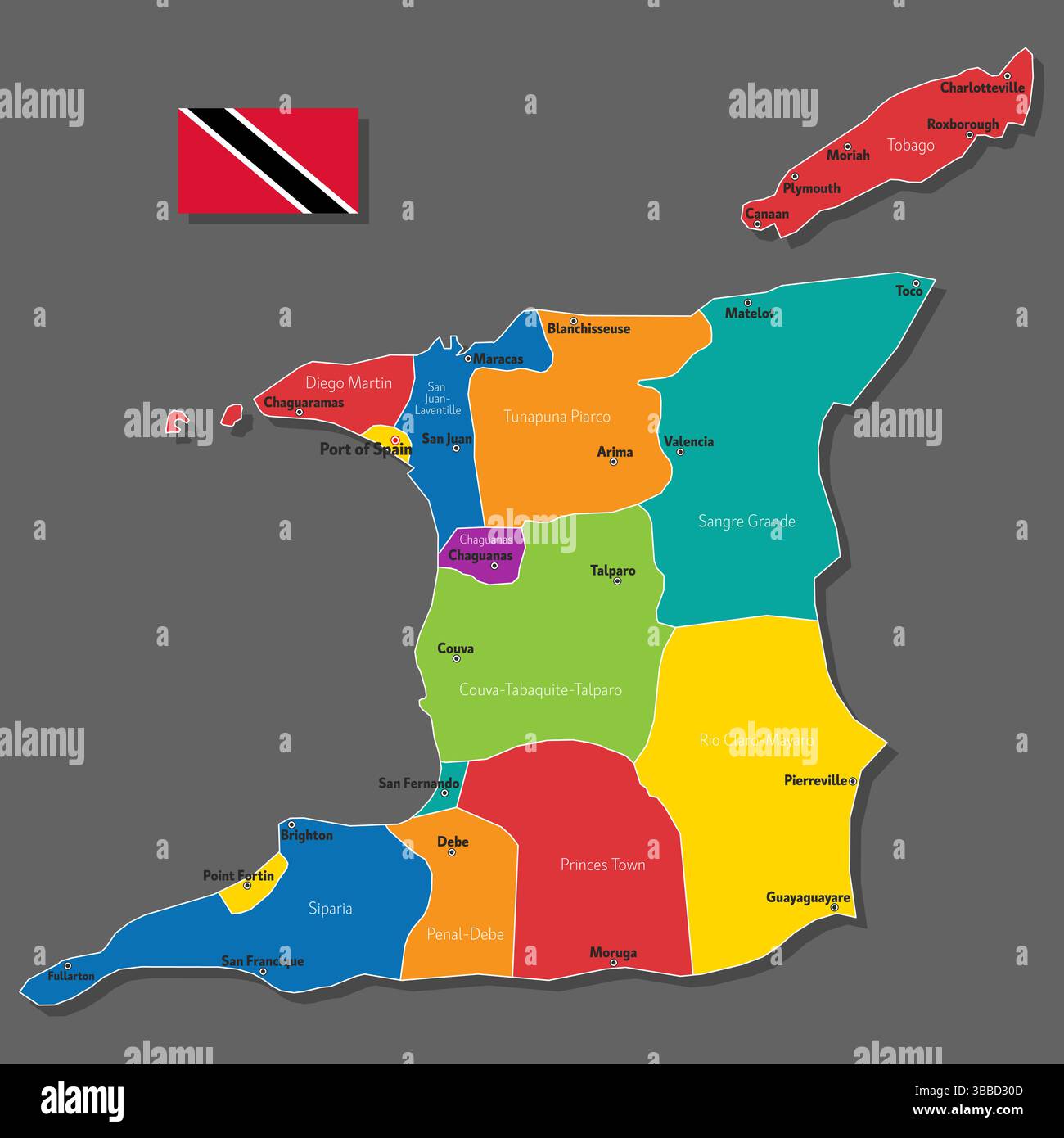 Vector map of Trinidad and Tobago with names of cities and with borders ...