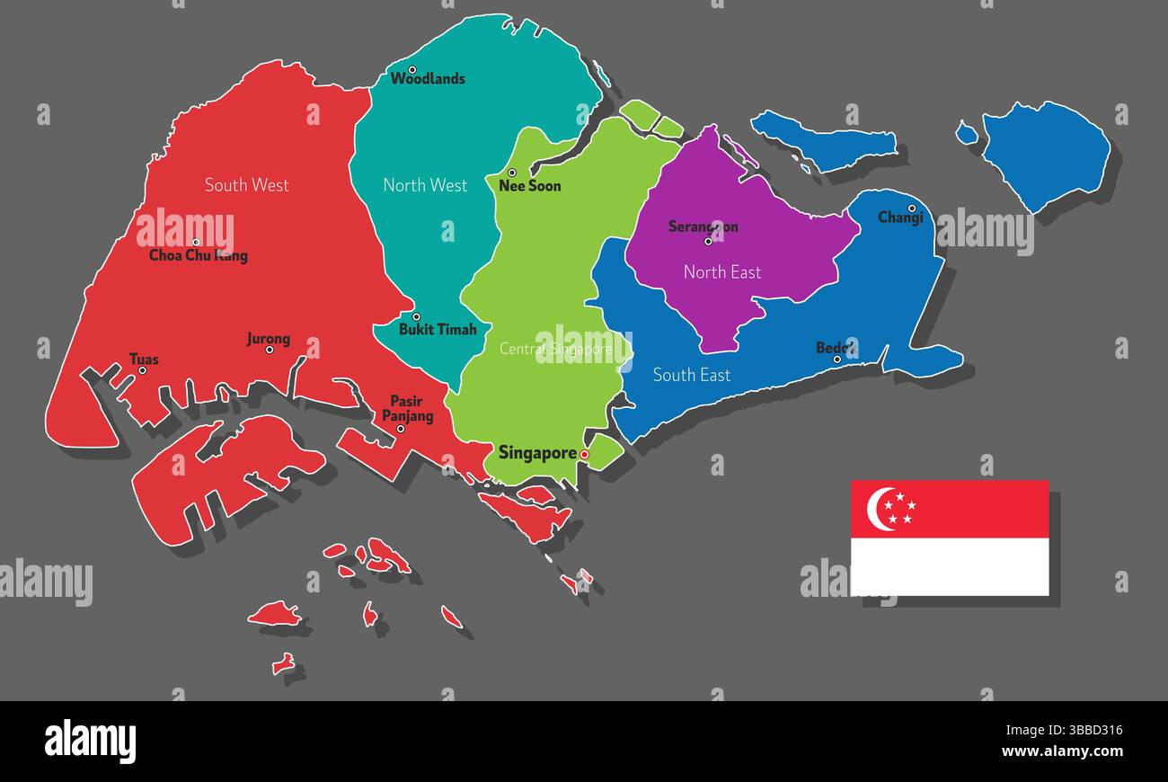 Vector map of Singapore with names of cities and with borders city ...