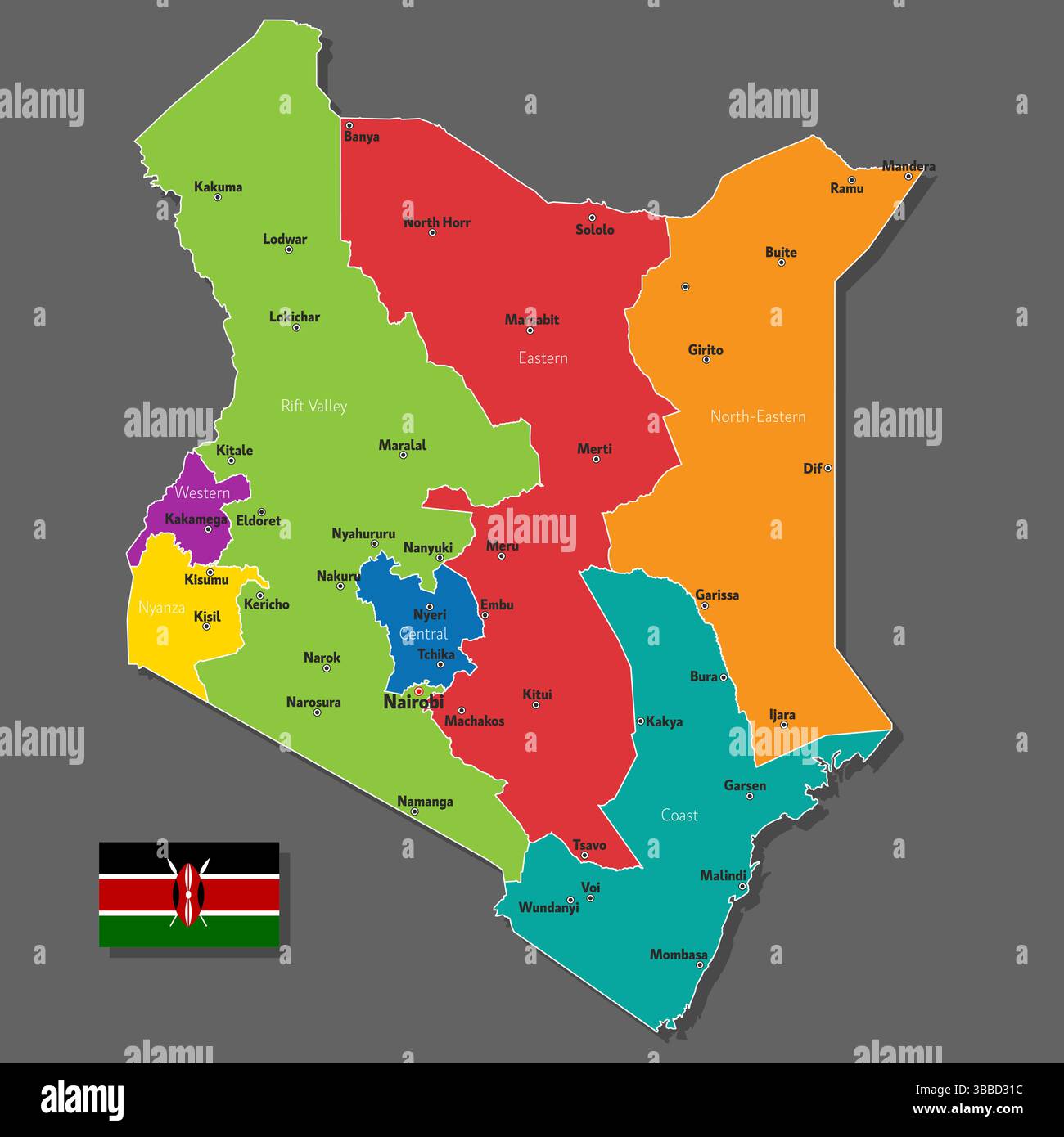 Vector map of Kenya with names of cities and with borders city Stock ...