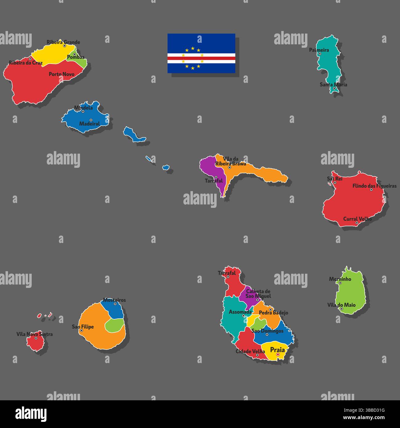 Vector map of Cape Verde with names of cities and with borders city ...