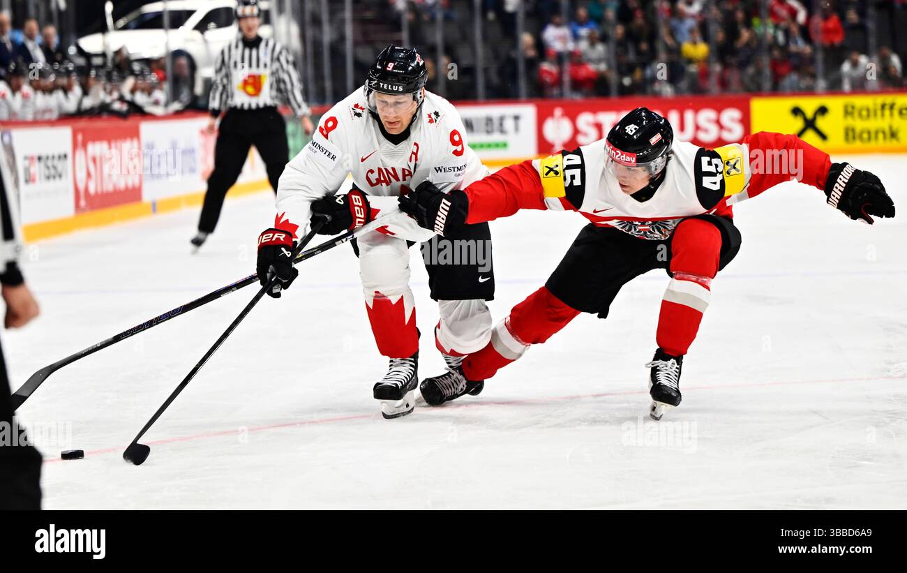 Stockholm, Sweden. 15th May, 2025. Canada's Nate MacKinnon and Austria ...