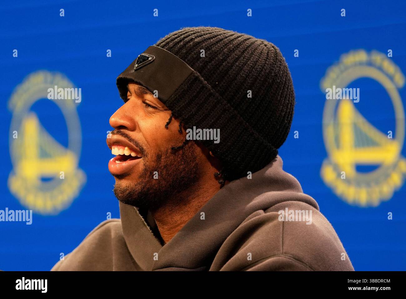Golden State Warriors guard Buddy Hield speaks during a news conference ...