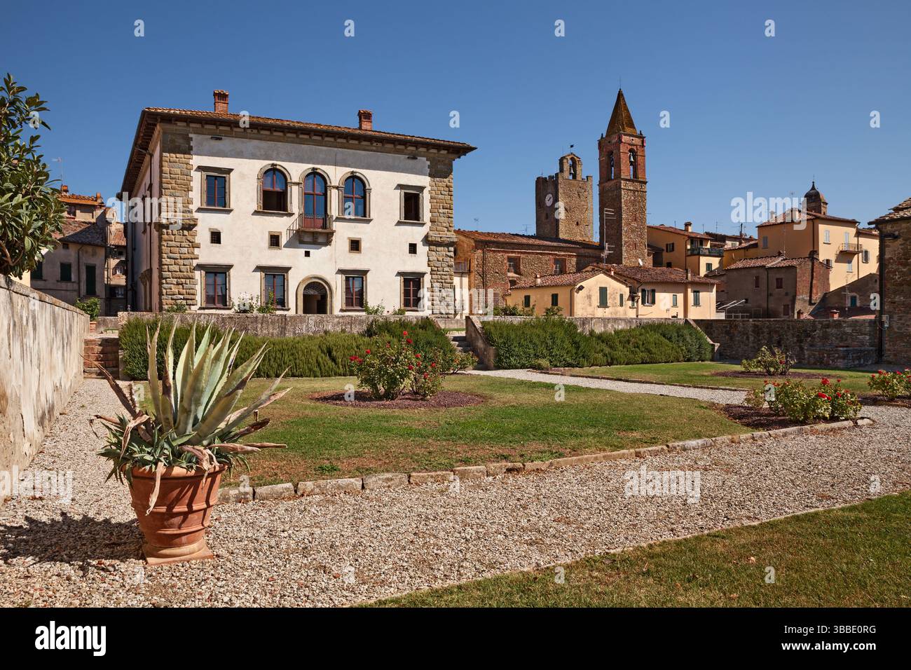Monte San SAvino, Arezzo, Tuscany, Italy: the ancient town hall Palazzo Del Monte with garden in ...