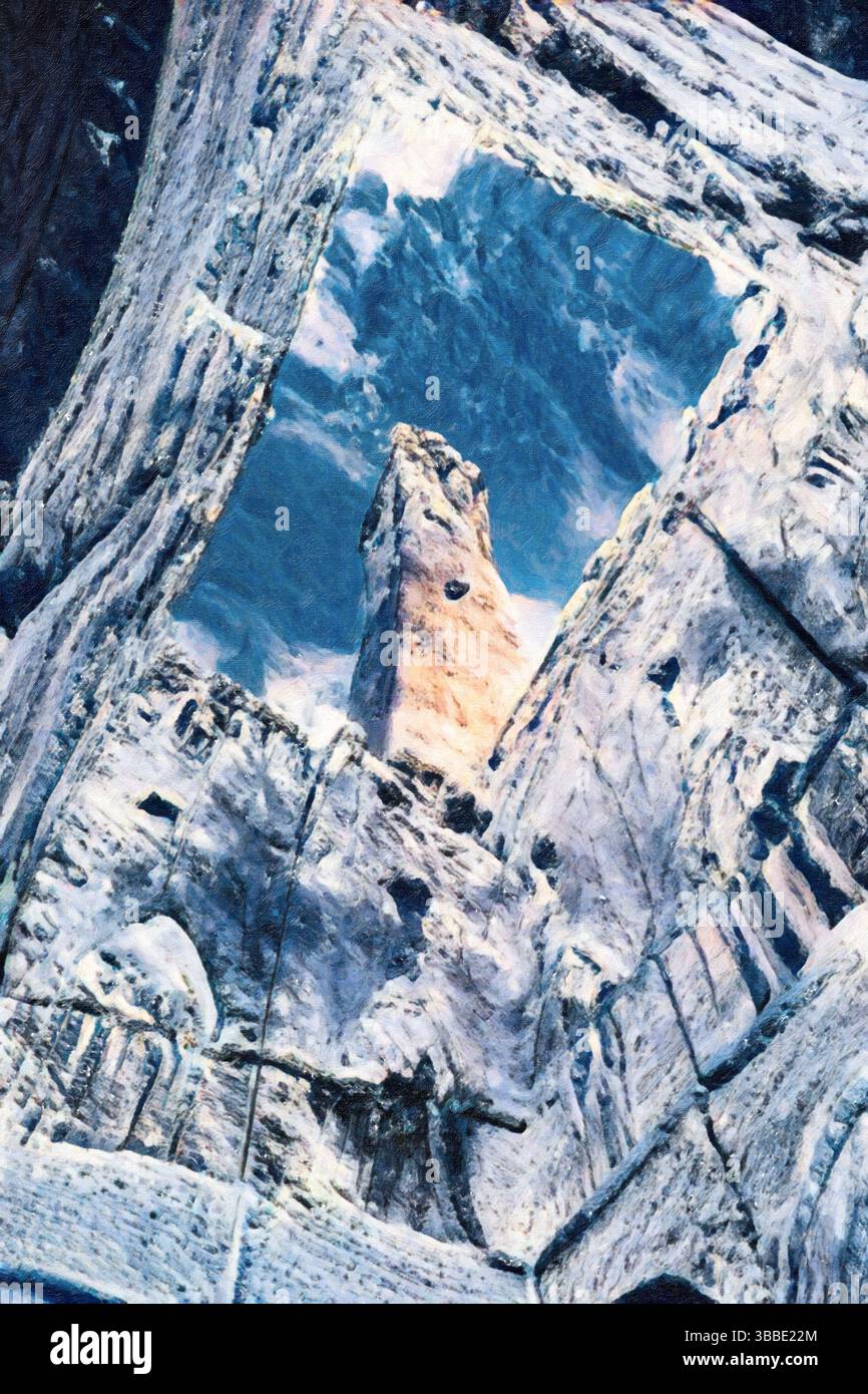 Winter fantasy illustration depicting a strange interior of an ancient ...