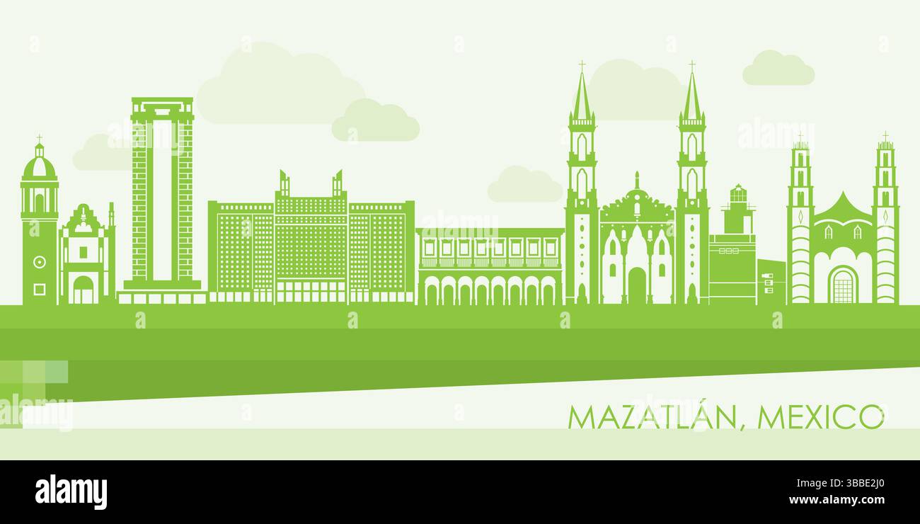 Green Skyline panorama of city of Mazatlan, Mexico - vector ...