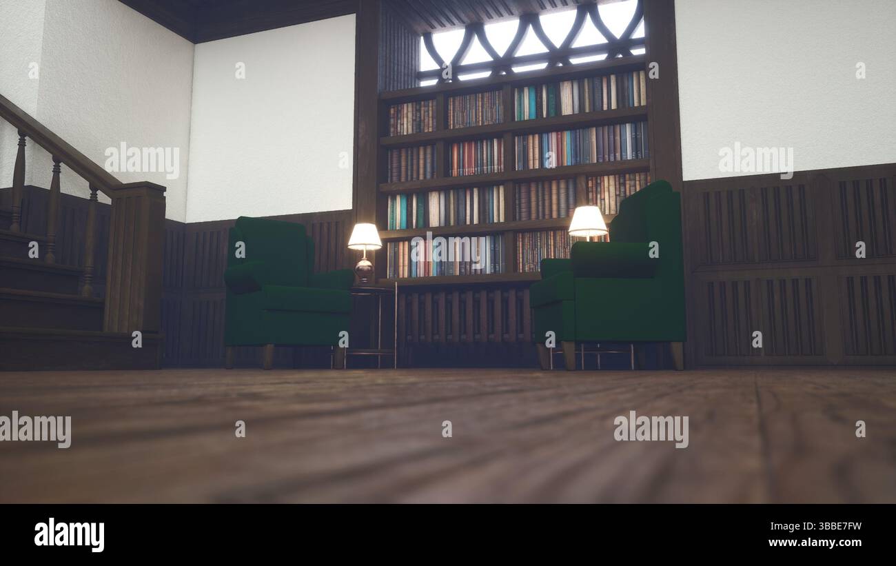 Cozy library reading corner with green armchairs, side lamps and wooden ...