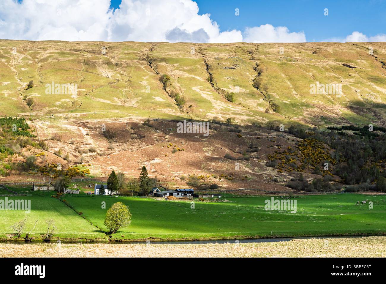 Farms and Mountains over River Dochart, Road A85, Perthshire, Scotland ...