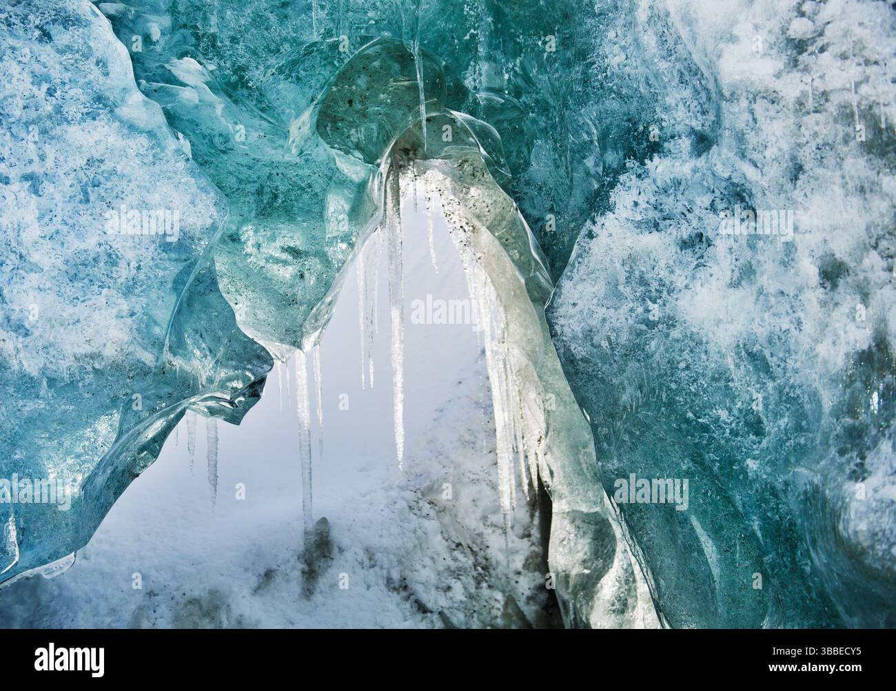 close up of icicles forming around the exterior of the. Morteratsch ...