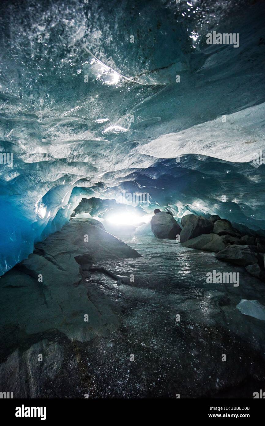 interior entrance of the Morteratsch Glacier Ice Caves, Switzerland ...
