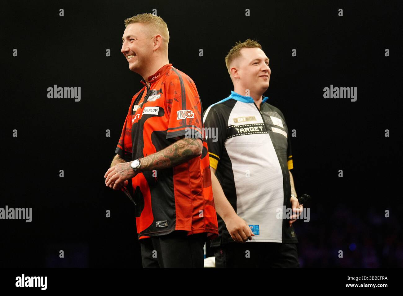 Nathan Aspinall (left) and Chris Dobey on night fifteen of the BetMGM ...
