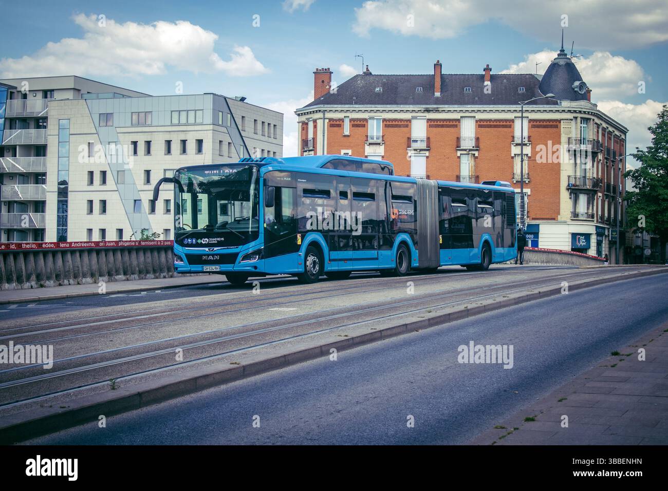 Reims, France, May 15, 2025 A bus rolls through the streets of Reims ...