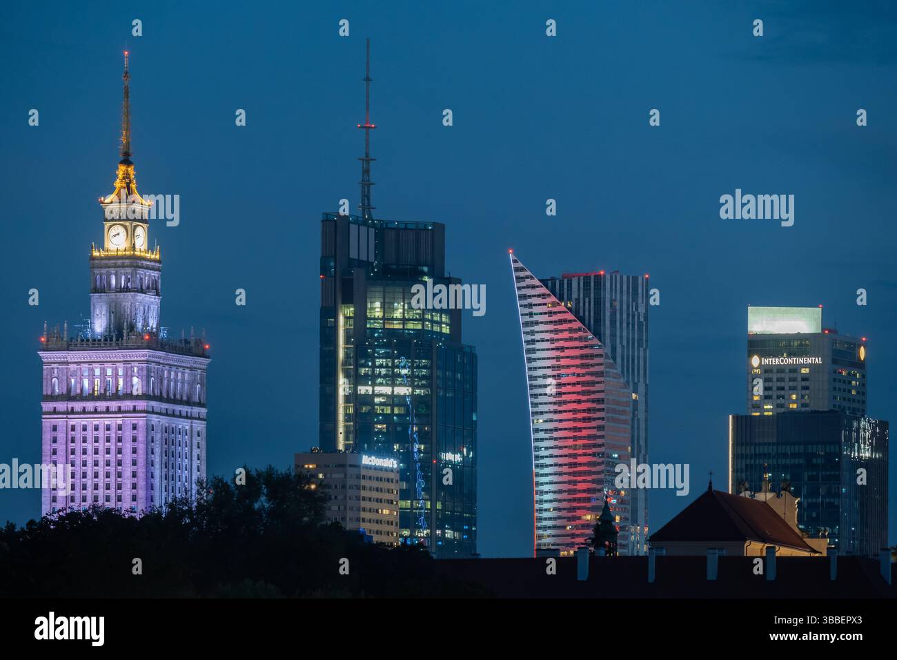 General overview of the illuminated modern cityscape during night time ...