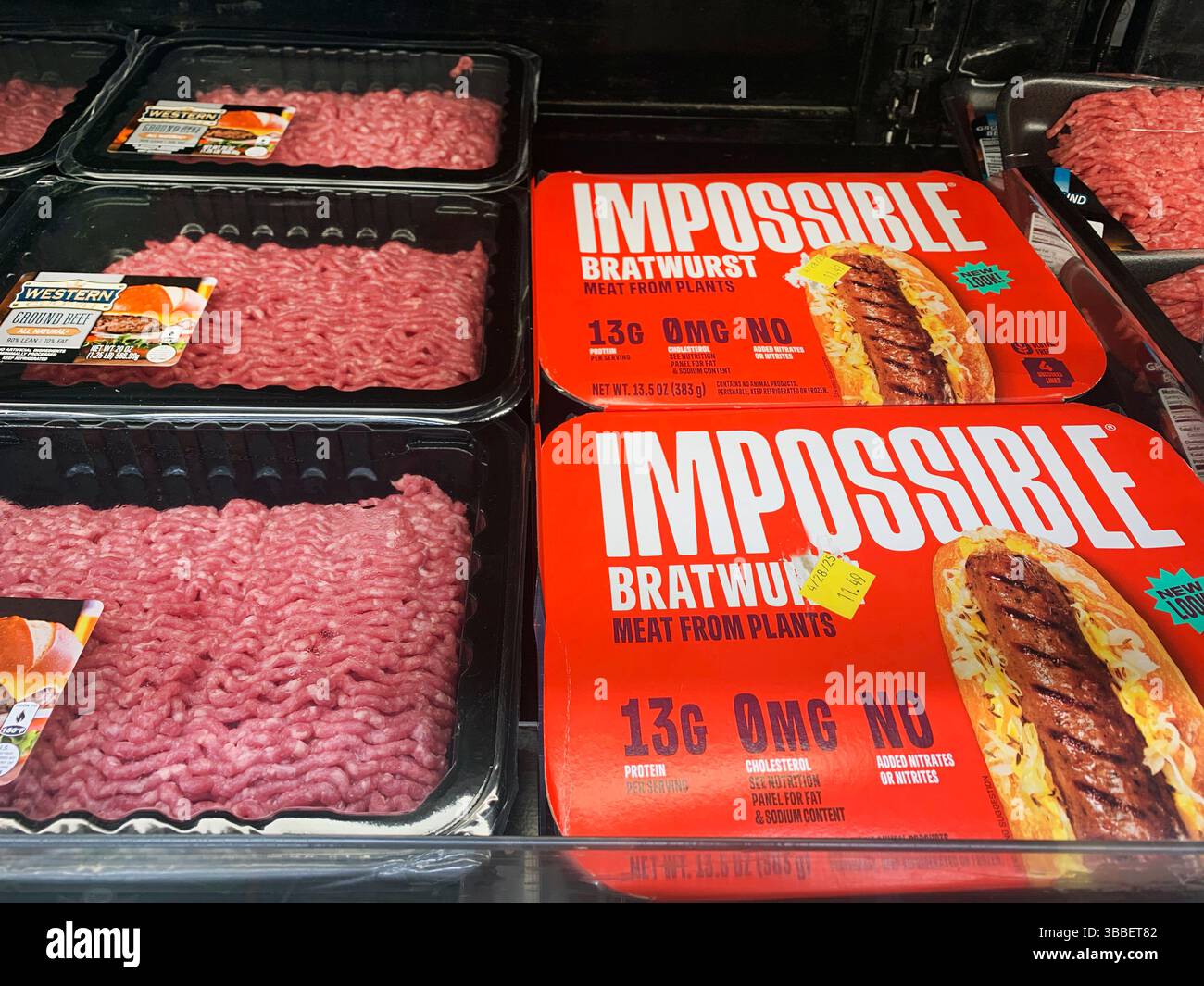 Ground Beef and Plant Based Meat Display at Grocery Store Stock Photo ...
