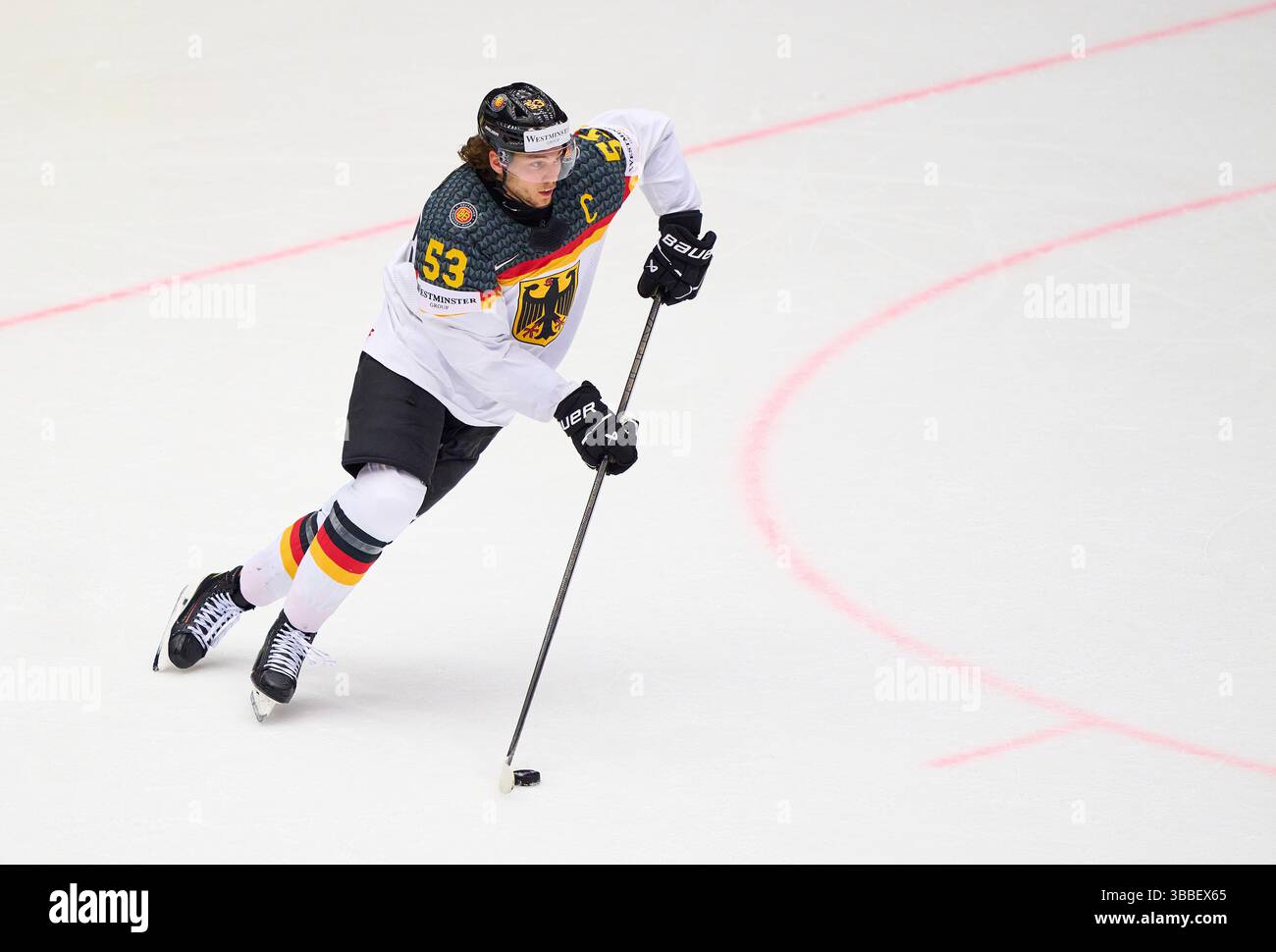 Moritz Seider #53 of Germany in the preliminary round match SWITZERLAND ...