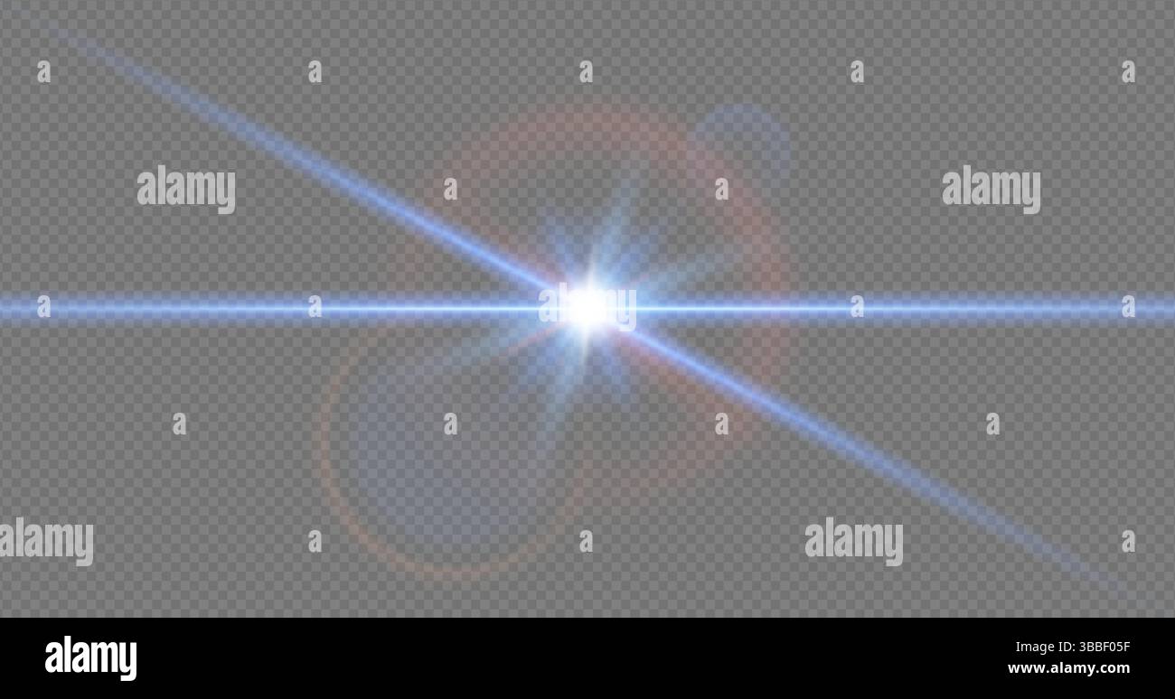 Blue neon flare with bright glow and sparkling beams on dark background ...