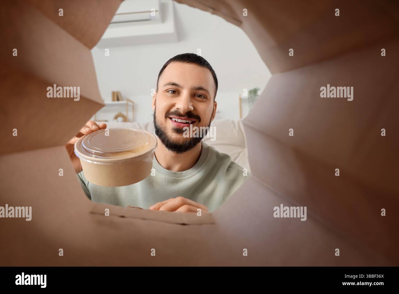 Young man taking container from paper bag at home, view from inside ...