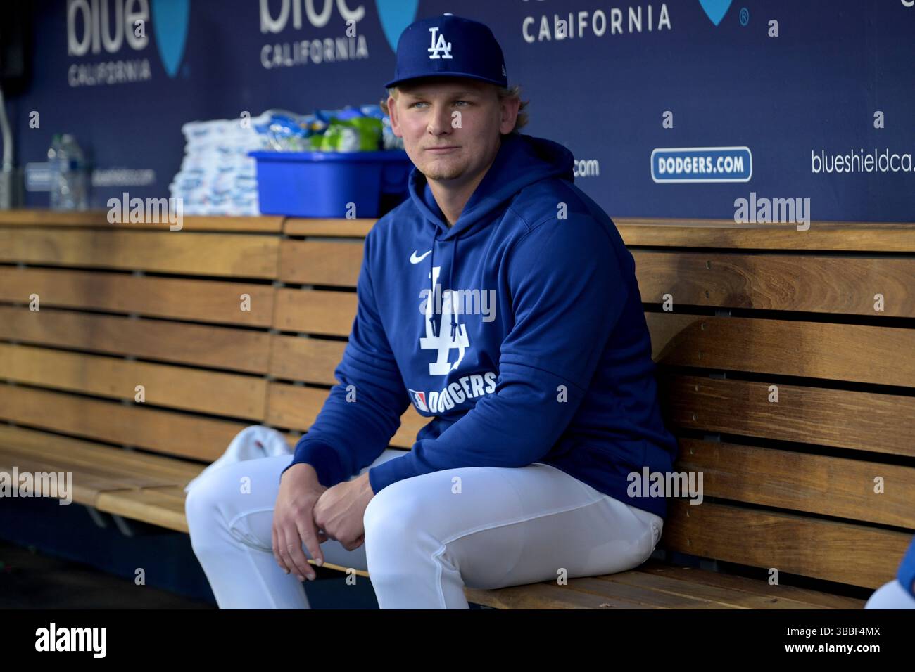 Los Angeles Dodgers starting pitcher Emmitt Sheehan in the dugout prior ...