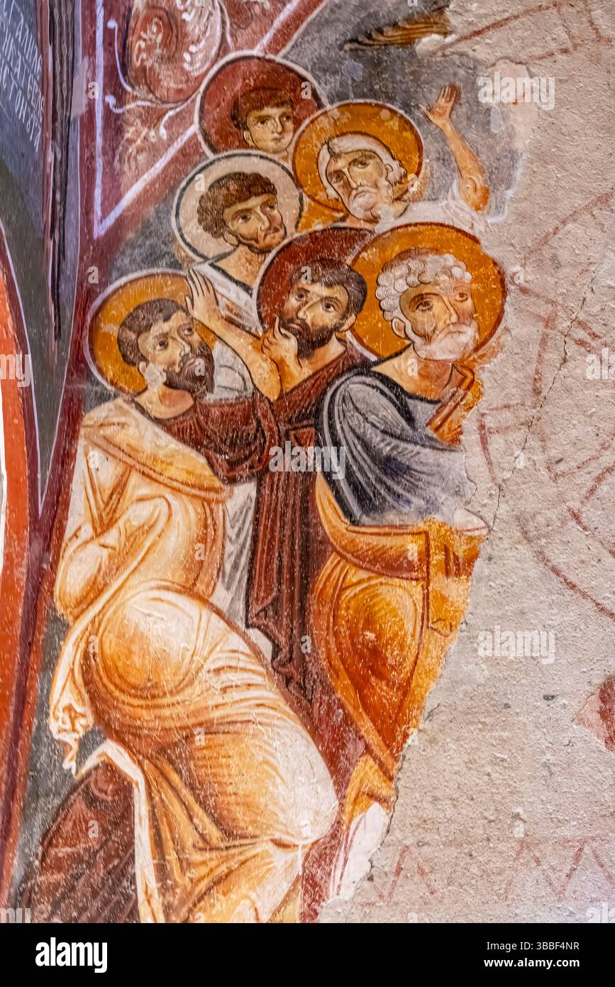 A fresco of the Apostles lines the curved apse of Elmali Church in ...