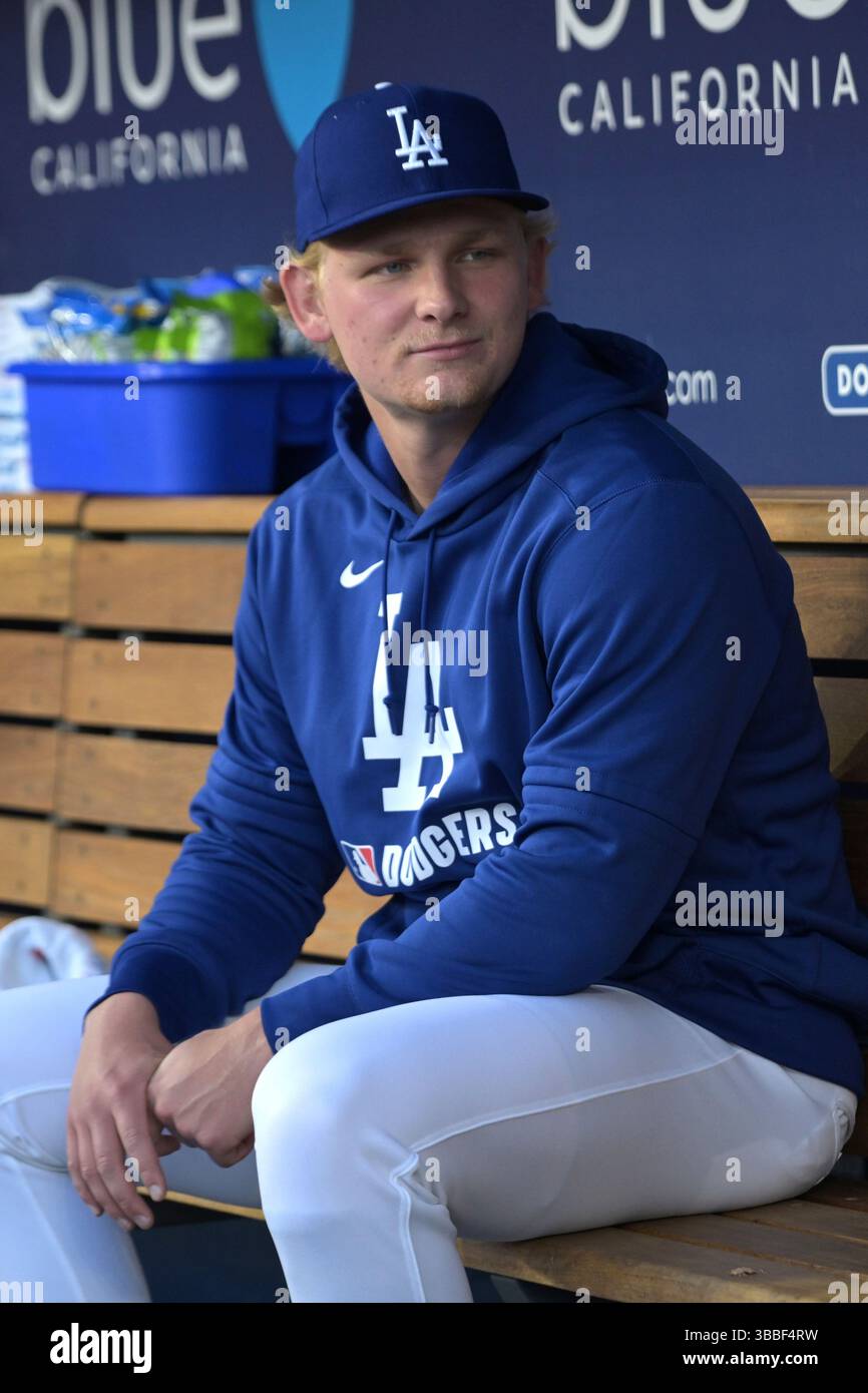 Los Angeles Dodgers starting pitcher Emmitt Sheehan in the dugout prior ...