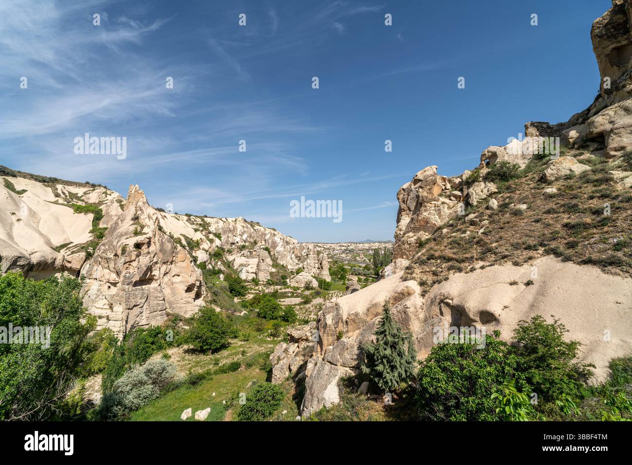 A panoramic view at the Goreme Open Air Museum shows eroded rock ...