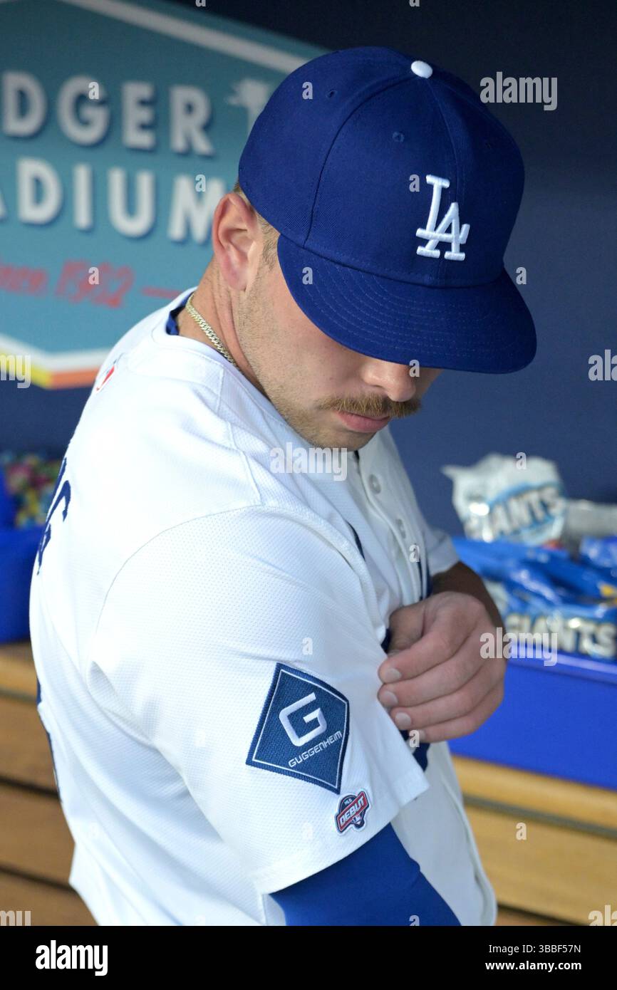 Los Angeles Dodgers catcher Dalton Rushing shows his debut patch on his ...