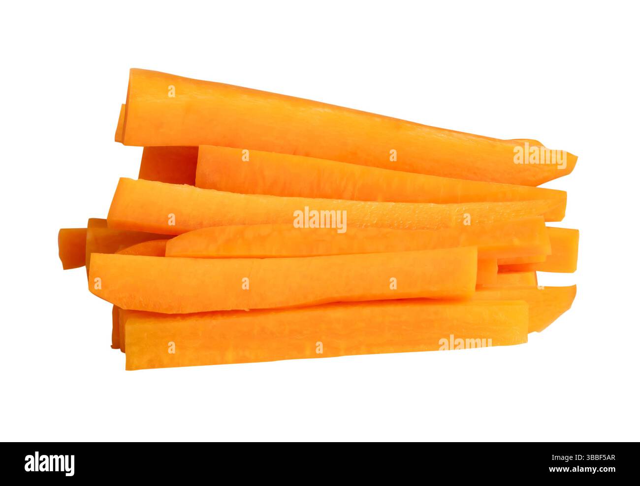 Top view of orange carrot slices in stick shape in stack is isolated on ...