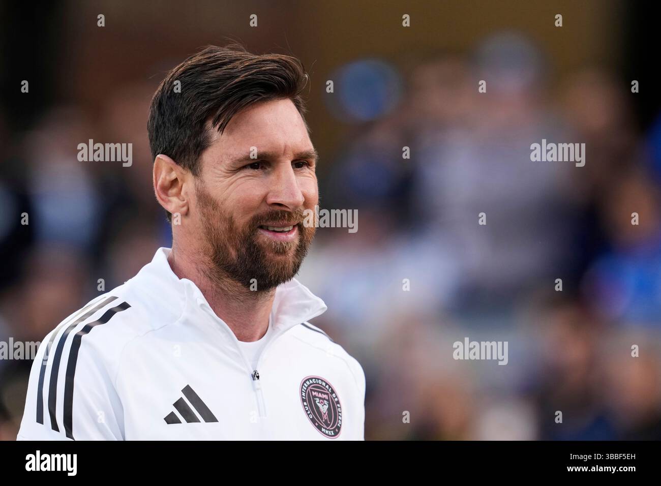 Inter Miami midfielder Lionel Messi smiles while warming up before an ...
