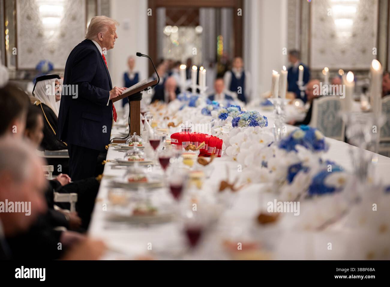 President Donald Trump gives remarks during an official State Dinner at ...