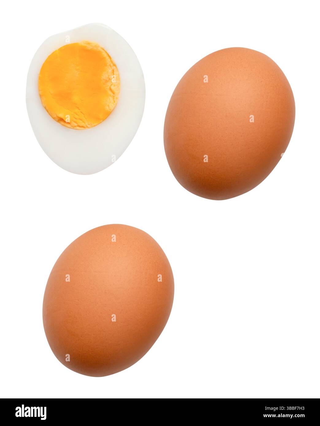 Top view set of raw brown chicken eggs and cooked or boiled chicken egg ...