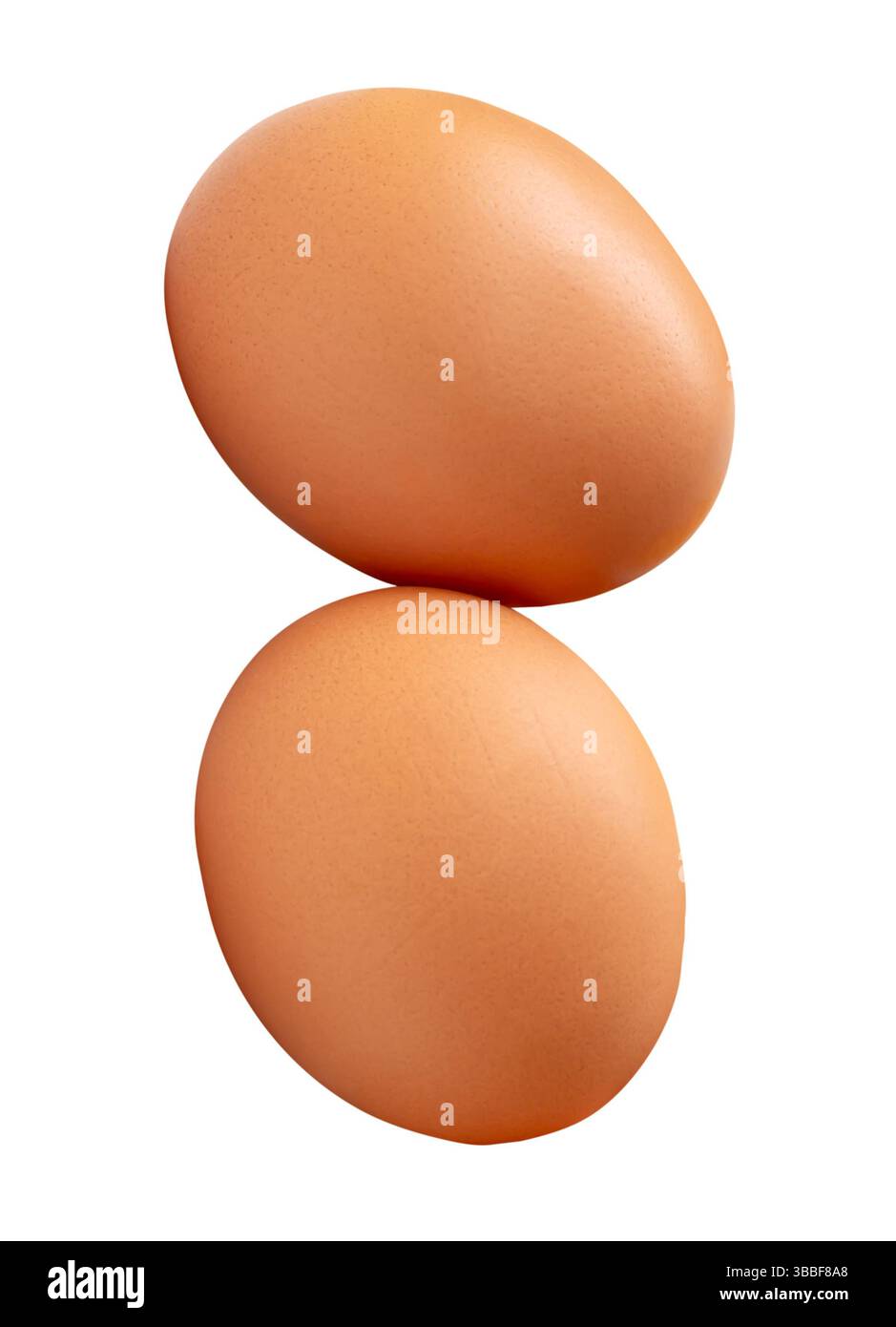 Two fresh brown chicken eggs in stack is isolated on white background ...