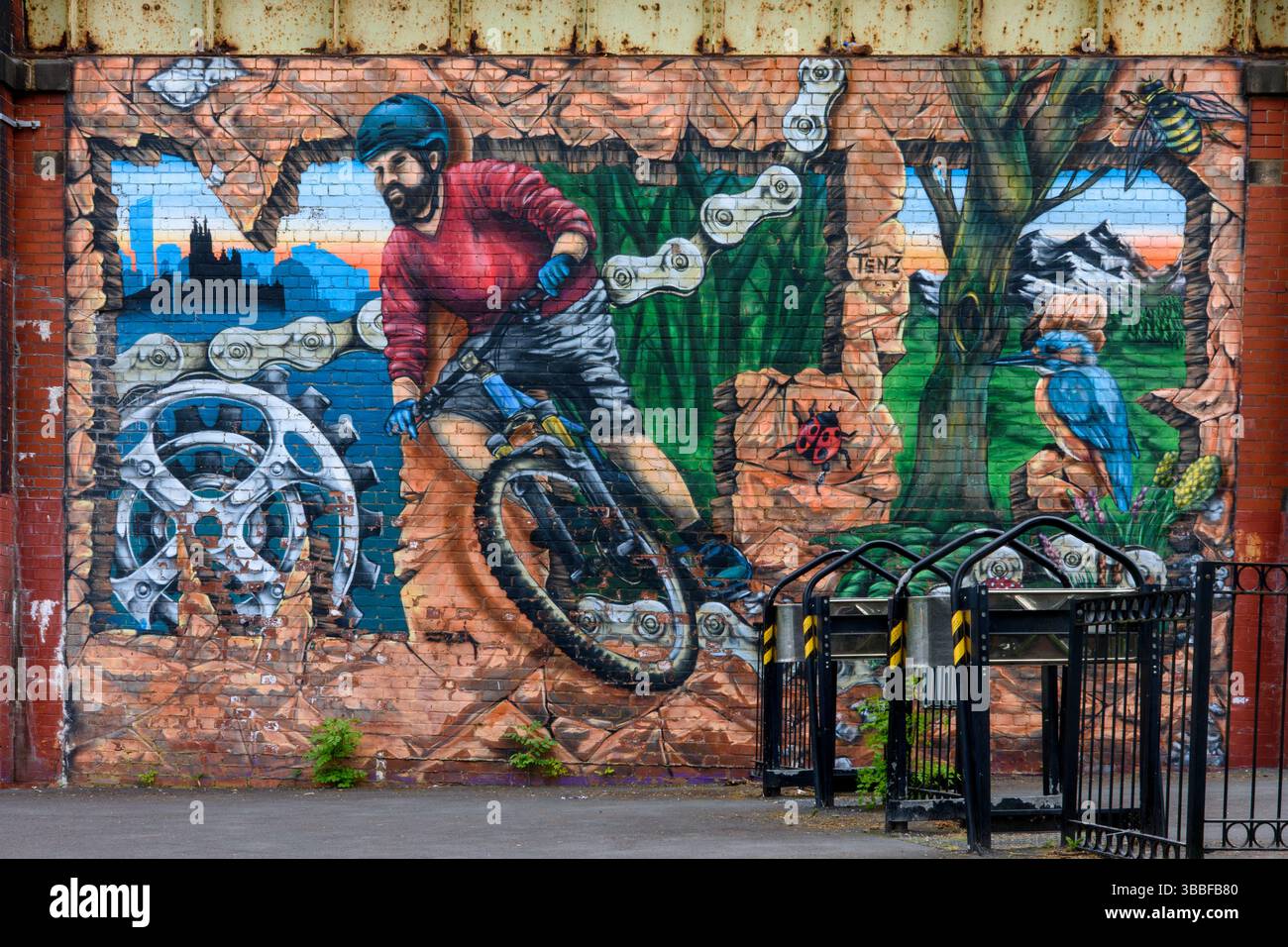 Wall mural, by Tenz, with a cycling theme, Philips Park, Manchester ...