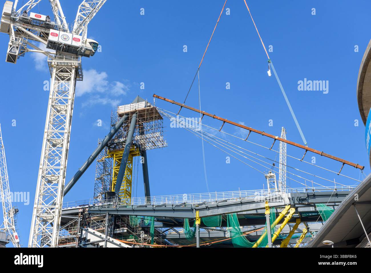 Etihad stadium North Stand expansion. Support cable for the roof beams ...