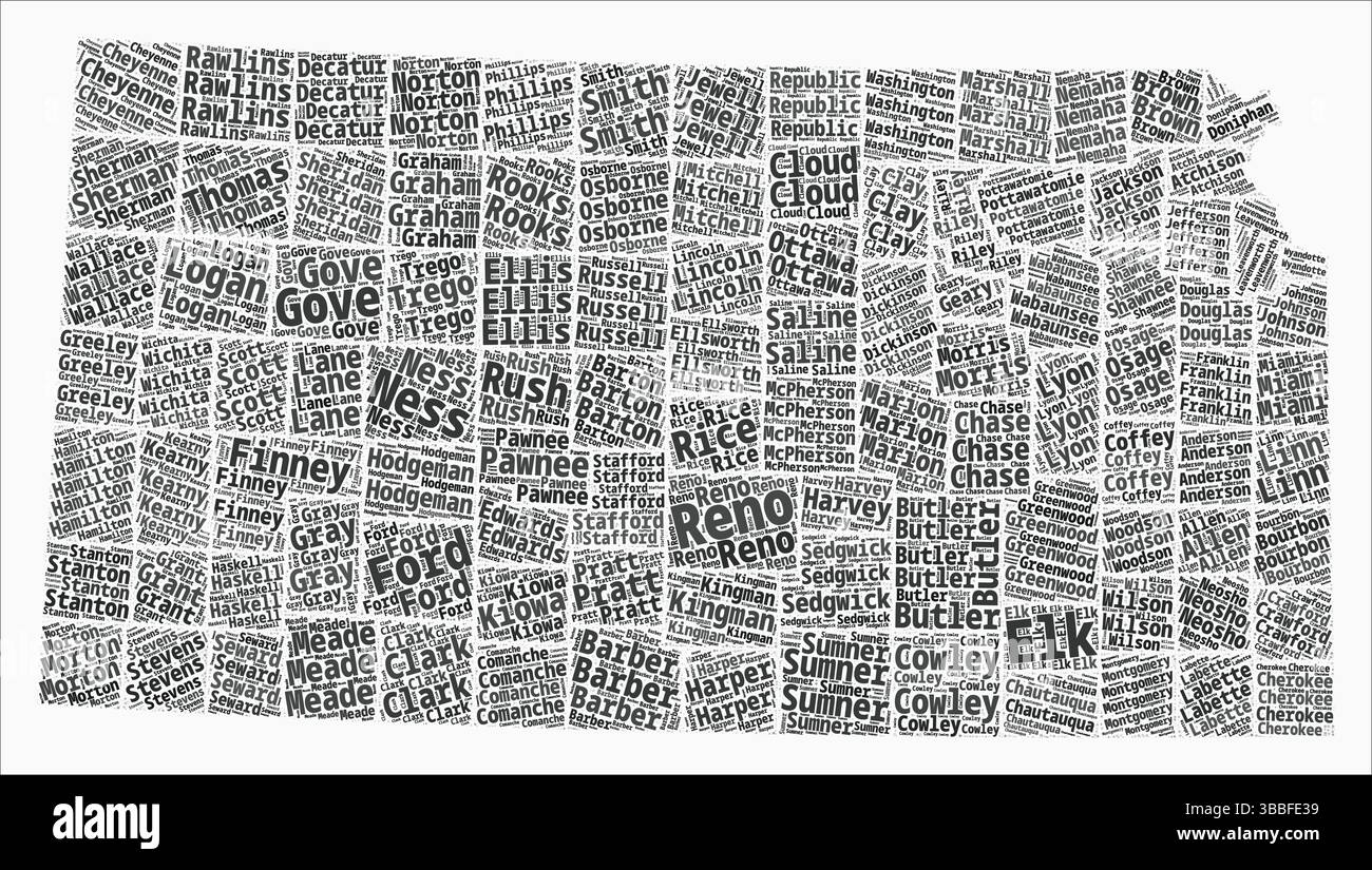 Kansas text style counties. State region names word clouds in English ...